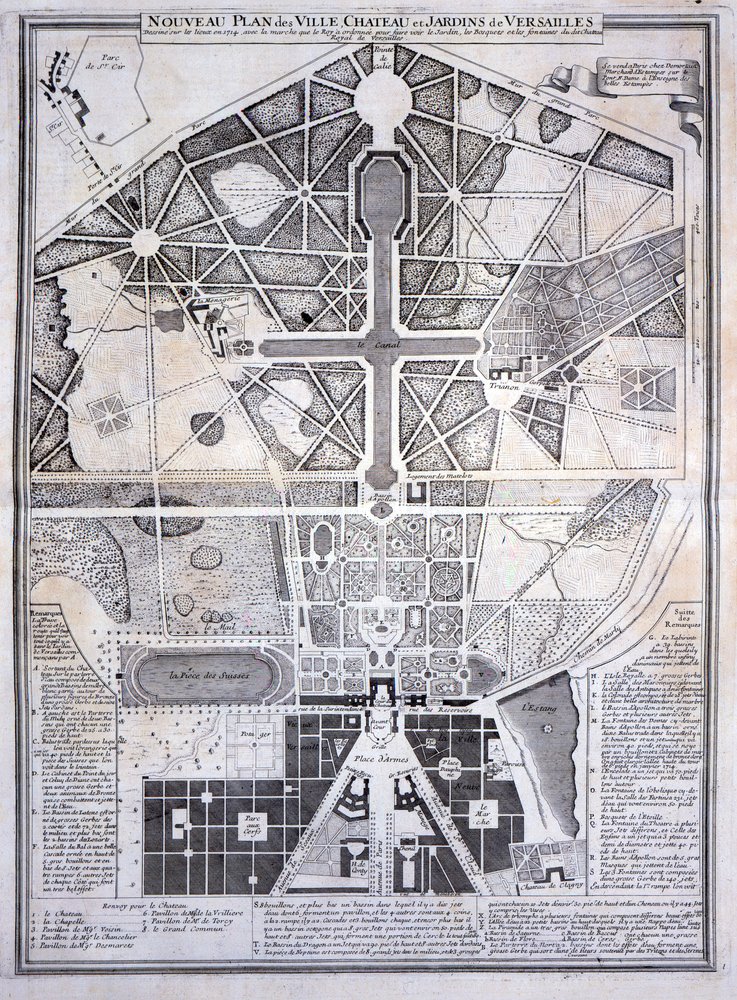 Nieuw Plan van de Stad, Kasteel en Tuinen van Versailles, 1714, uit Les ...