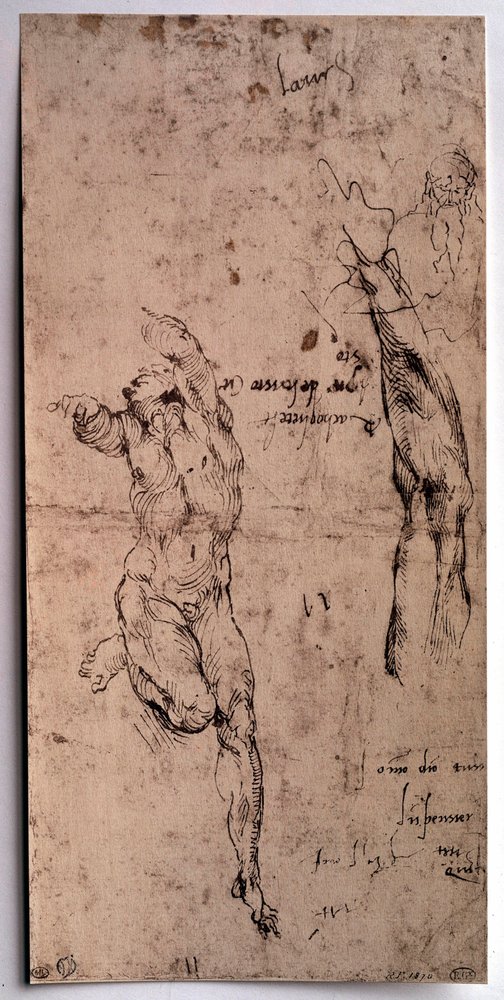 Naakte man, armstudie Tekening door Michelangelo Buonarroti