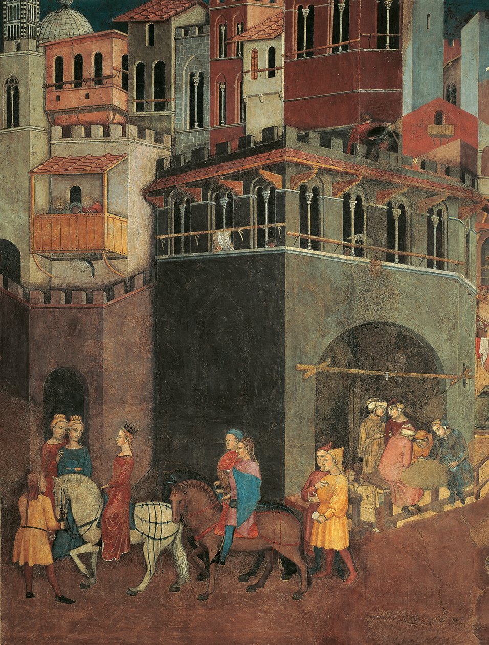 Effecten van Goed Bestuur in de stad, Processie van Adel op straten van de stad, detail uit ...