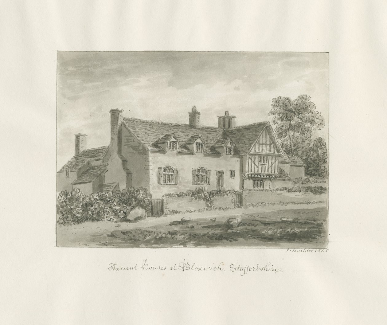 Bloxwich - oud huis: sepia tekening | John Buckler