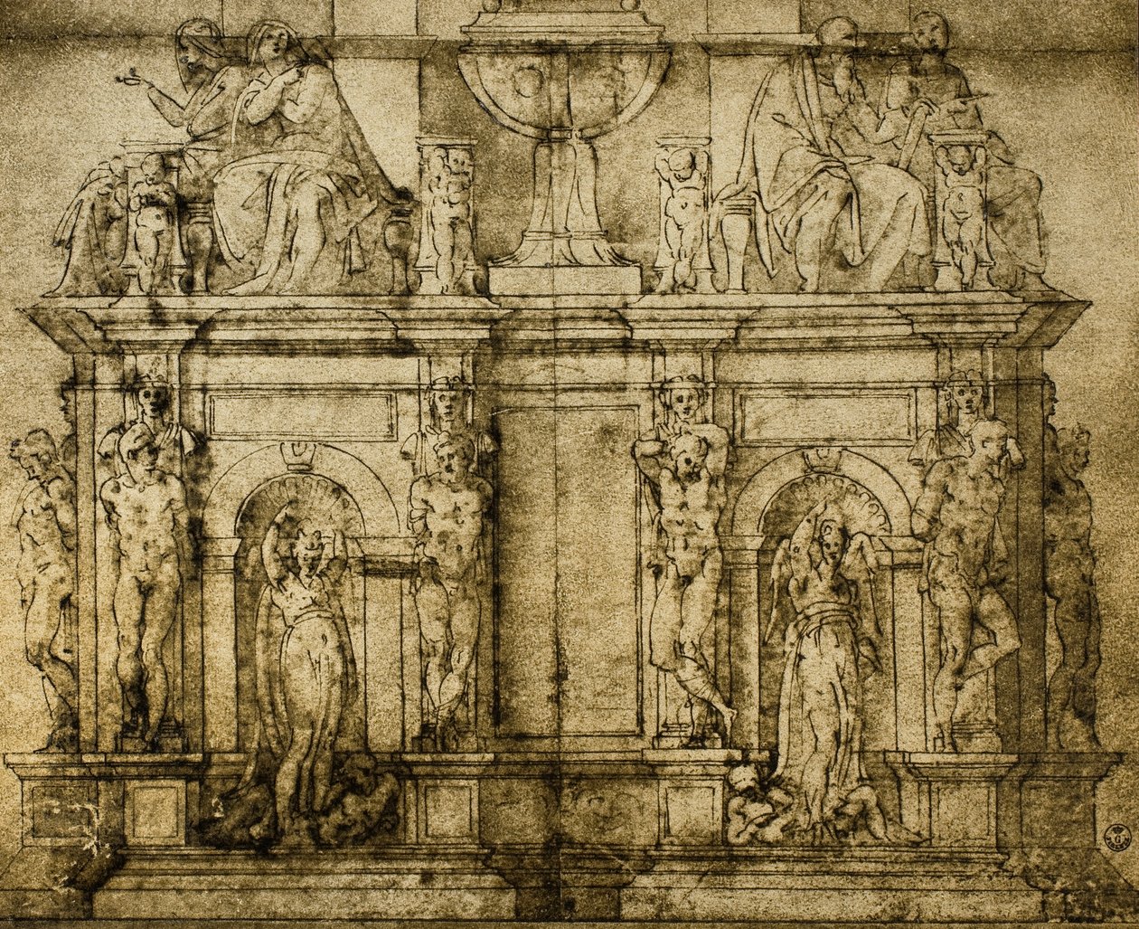 Het graf van paus Julius II, voorbereidende tekening door Michelangelo