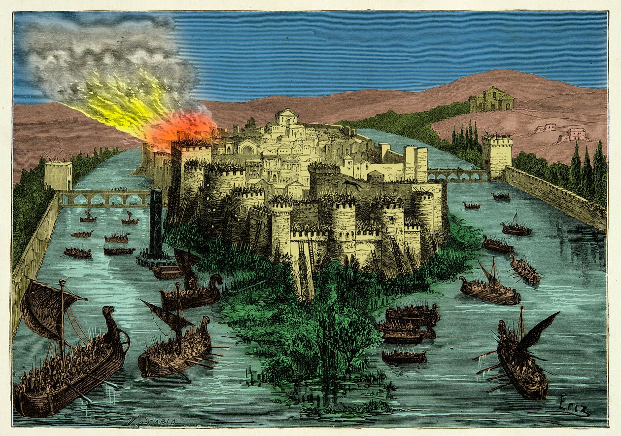 Het beleg van Parijs in 845 door de Vikingen met Ragnar Lodbrok aan hun ...